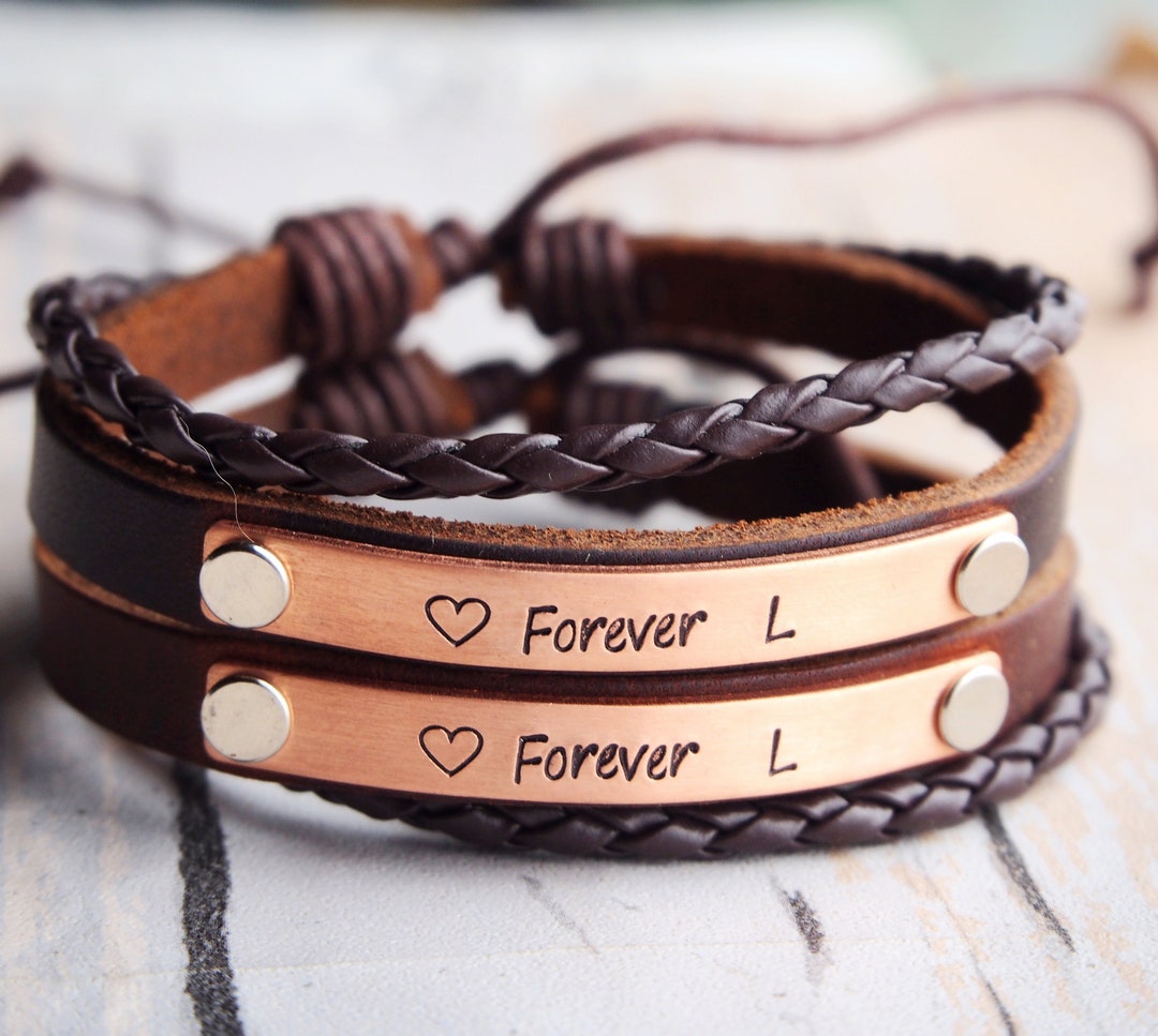 Initial Couple Bracelets, Leather Couple Bracelet, Couple Bracelet Set ...