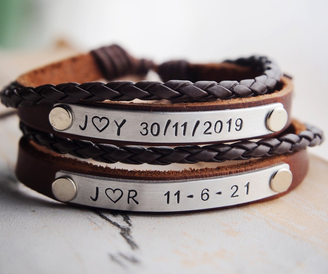 Initial Couples Bracelets, Leather Couple Bracelets, Men Leather ...