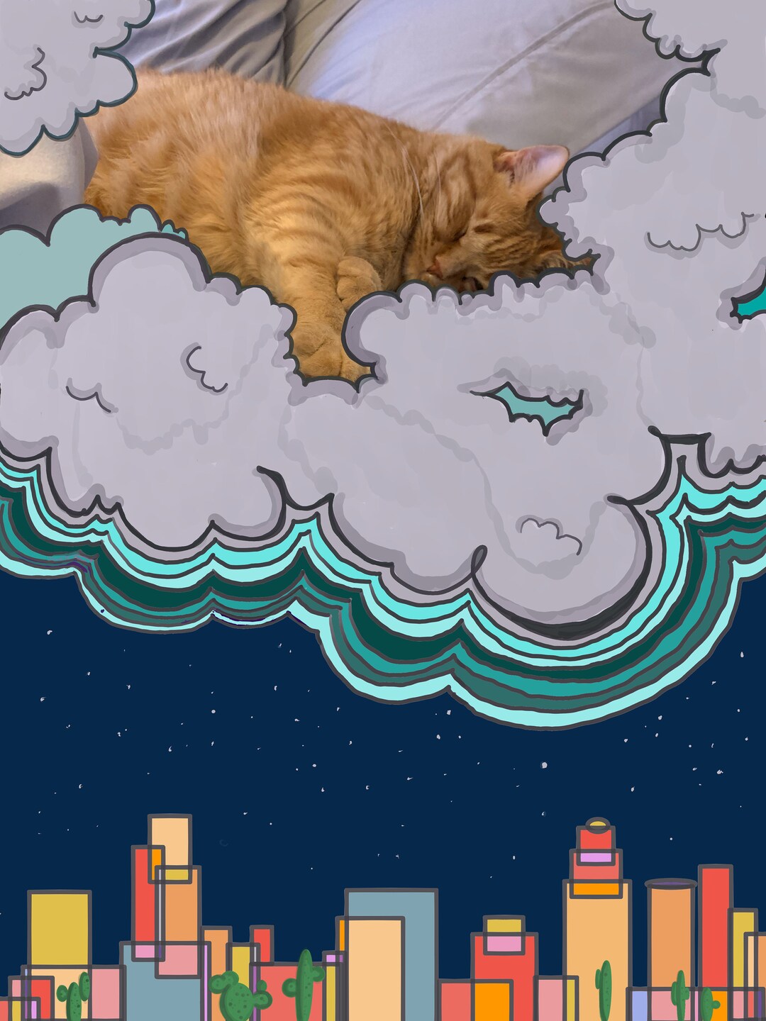 Animated Illustration Image of Cat on Clouds - Etsy