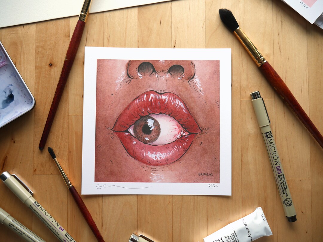 Eye Mouth // 6x6" Limited Edition Mini Art Print // Ink and Watercolor ...