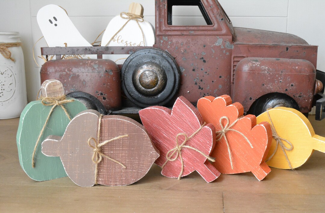 Rustic Wood Fall Leaves Decor/handcrafted Pumpkin, Acorn, Leaf Set/fall ...