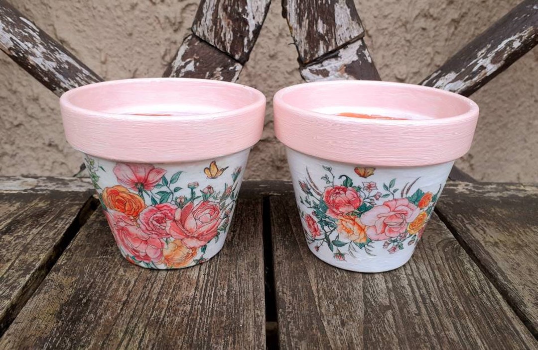 Shabby Chic Terracotta Plant Pots Pink Floral - Etsy