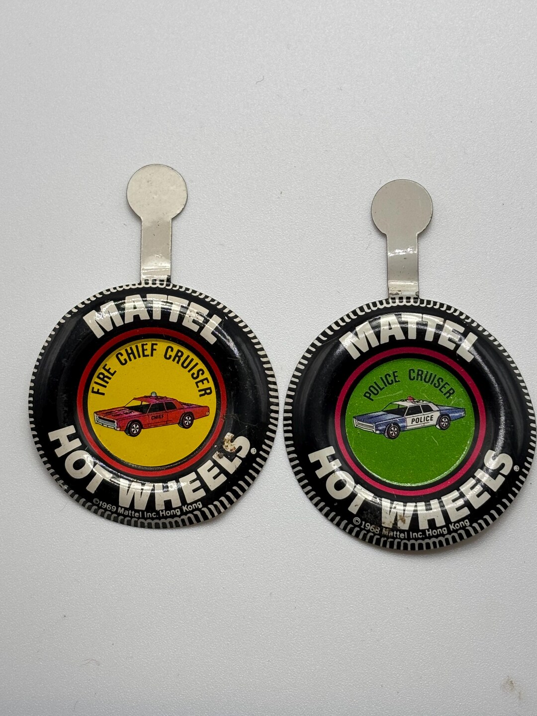 Vintage 1969 Mattel Hot Wheels Badge Set - Fire Chief & Police Cruiser ...