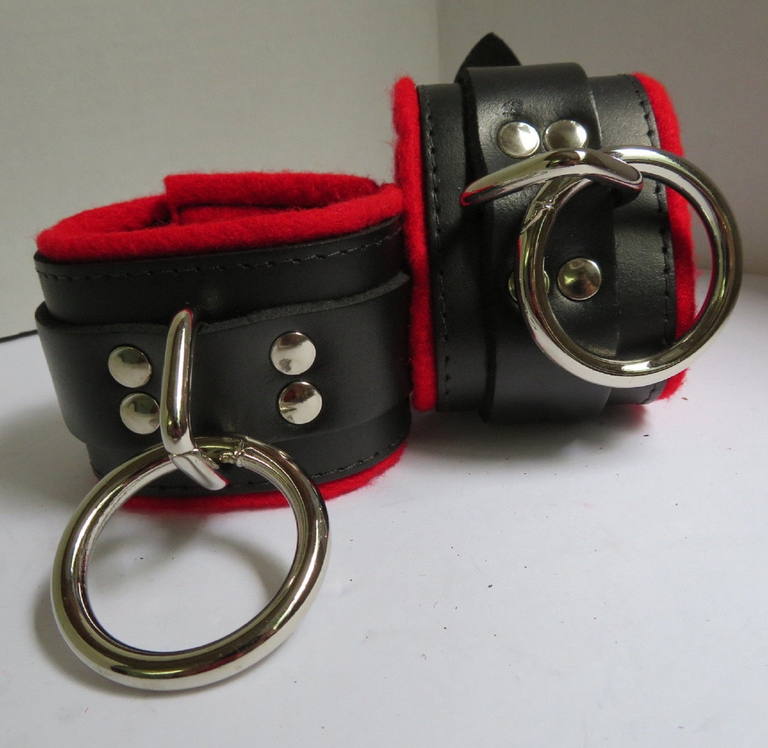 Leather Wrist Cuffs, Wrist Restraints, BDSM Locking Cuffs Black Red ...