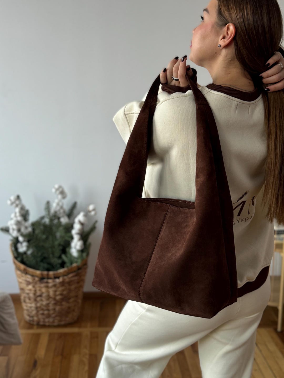 Hobo Suede Bag Suede Tote Bag Boho Style Tote Bag Dark Brown Suede Bag ...
