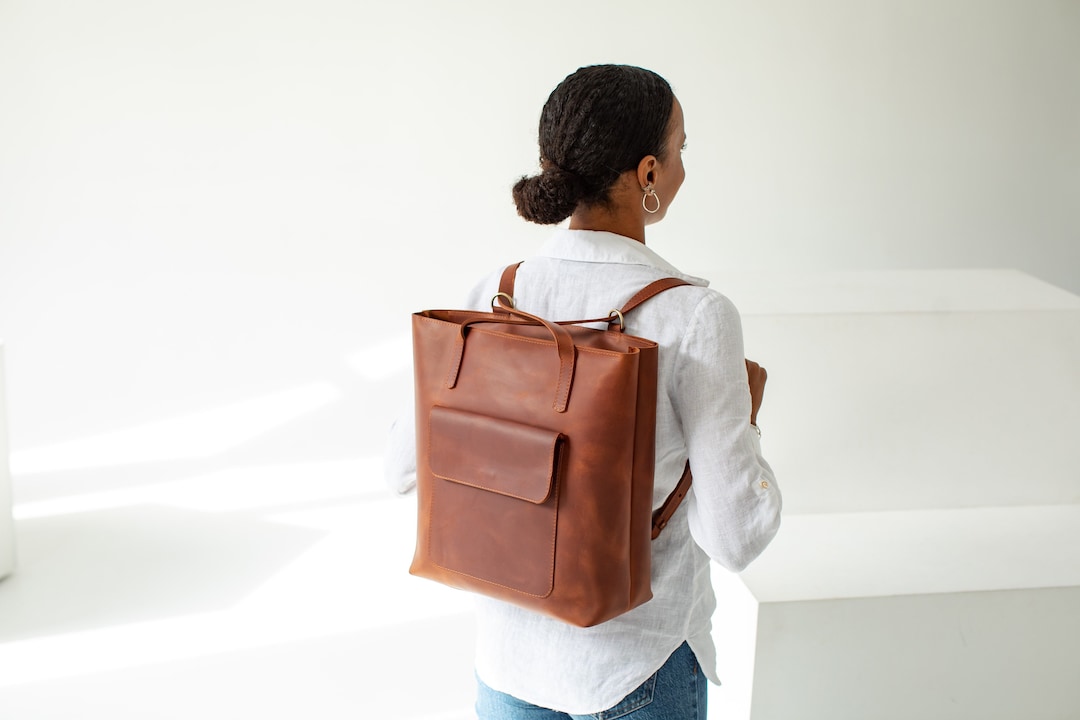 Leather Convertible Backpack Purse: Laptop Tote Bag With Flap Pocket - Etsy