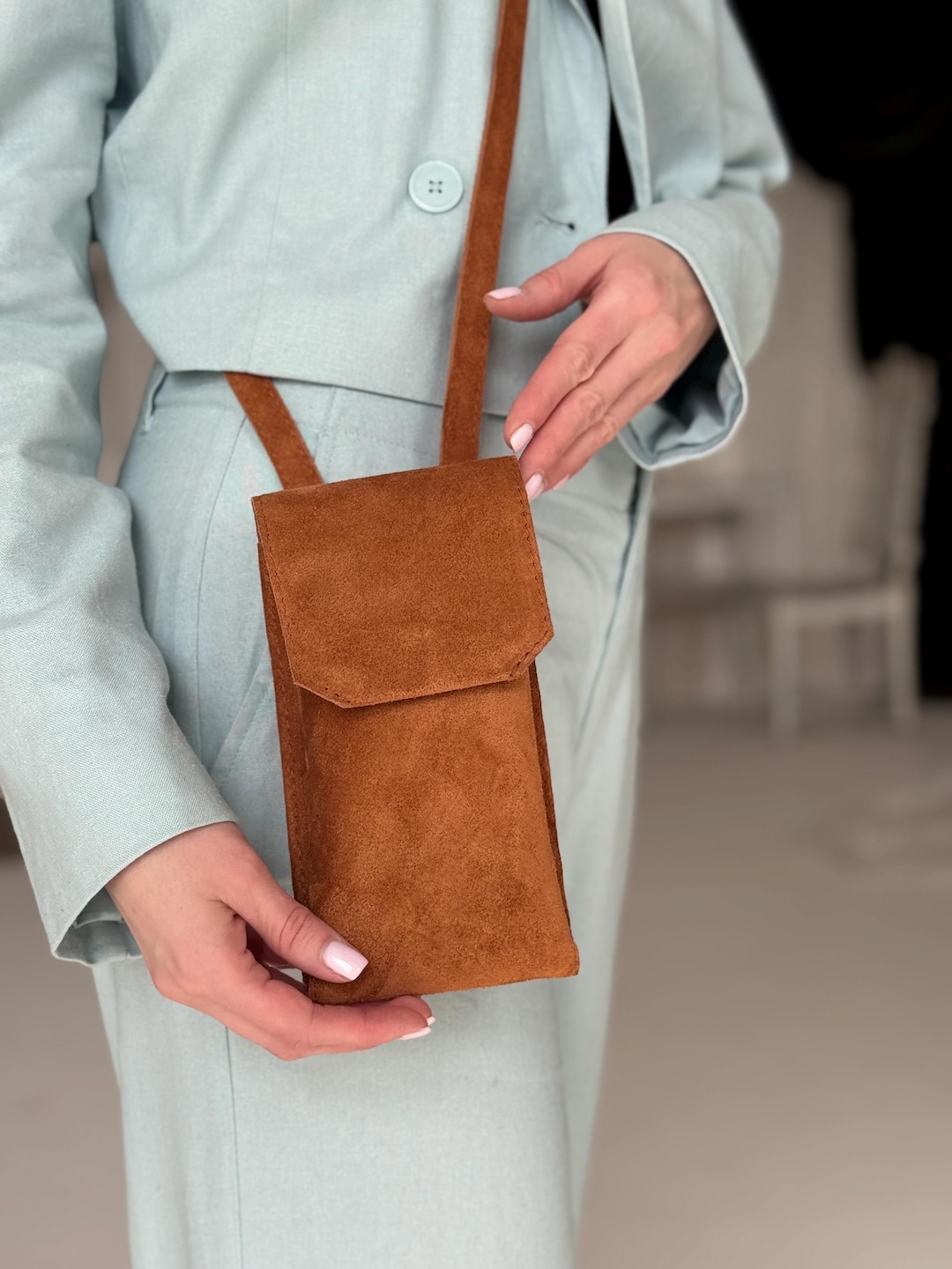 Suede Phone Case Soft Pouch With Flap Closure Minimalist Leather Sleeve ...