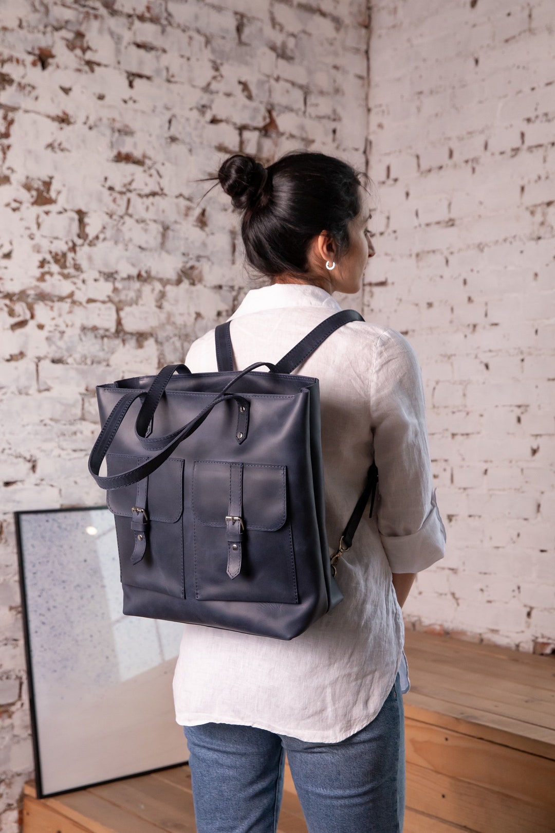 Blue Leather Convertible Backpack Tote Bag: Laptop Backpack Purse - Etsy