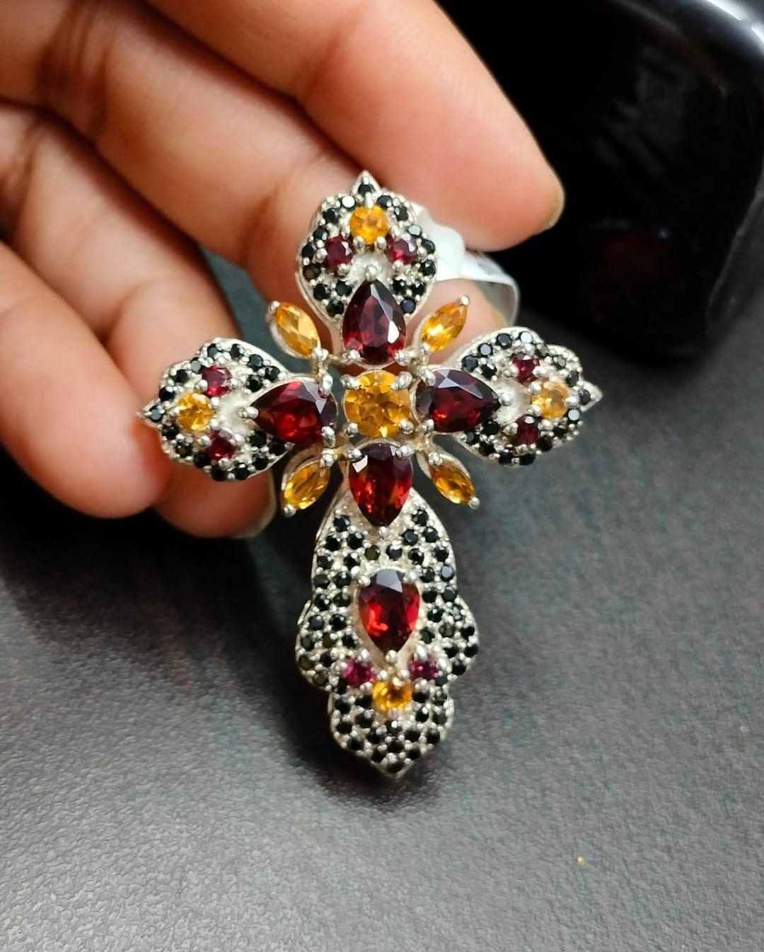 Multi Gemstone CROSS Natural Garnet Gemstone Citrine 925 Sterling ...