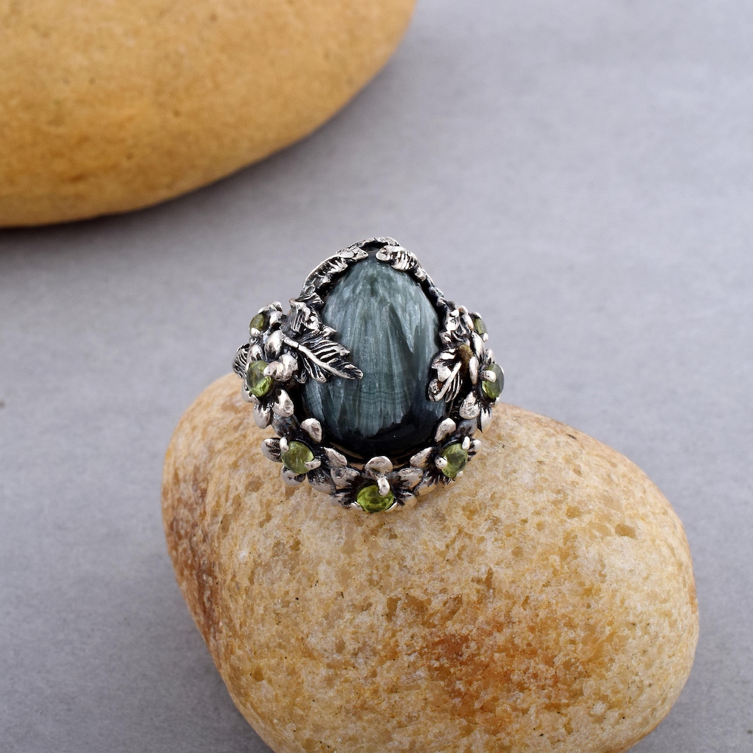 Seraphinite Gemstone Ring, Nature Inspired Ring, 925 Sterling Silver ...
