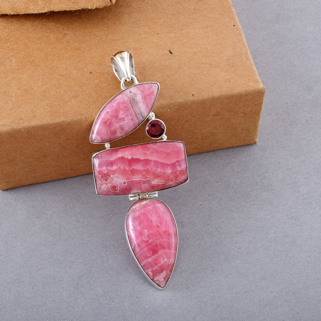 Natural Rhodochrosite Pendant, 925 Sterling Silver, Pink Rhodochrosite ...