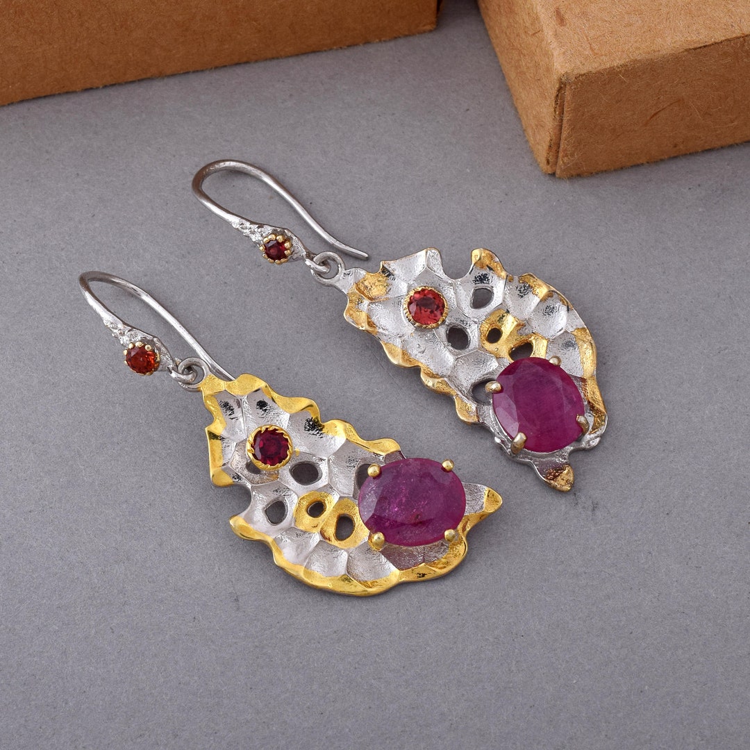 Natural Ruby Gemstone Earrings Dangle 925 Sterling Silver Gold Plated ...