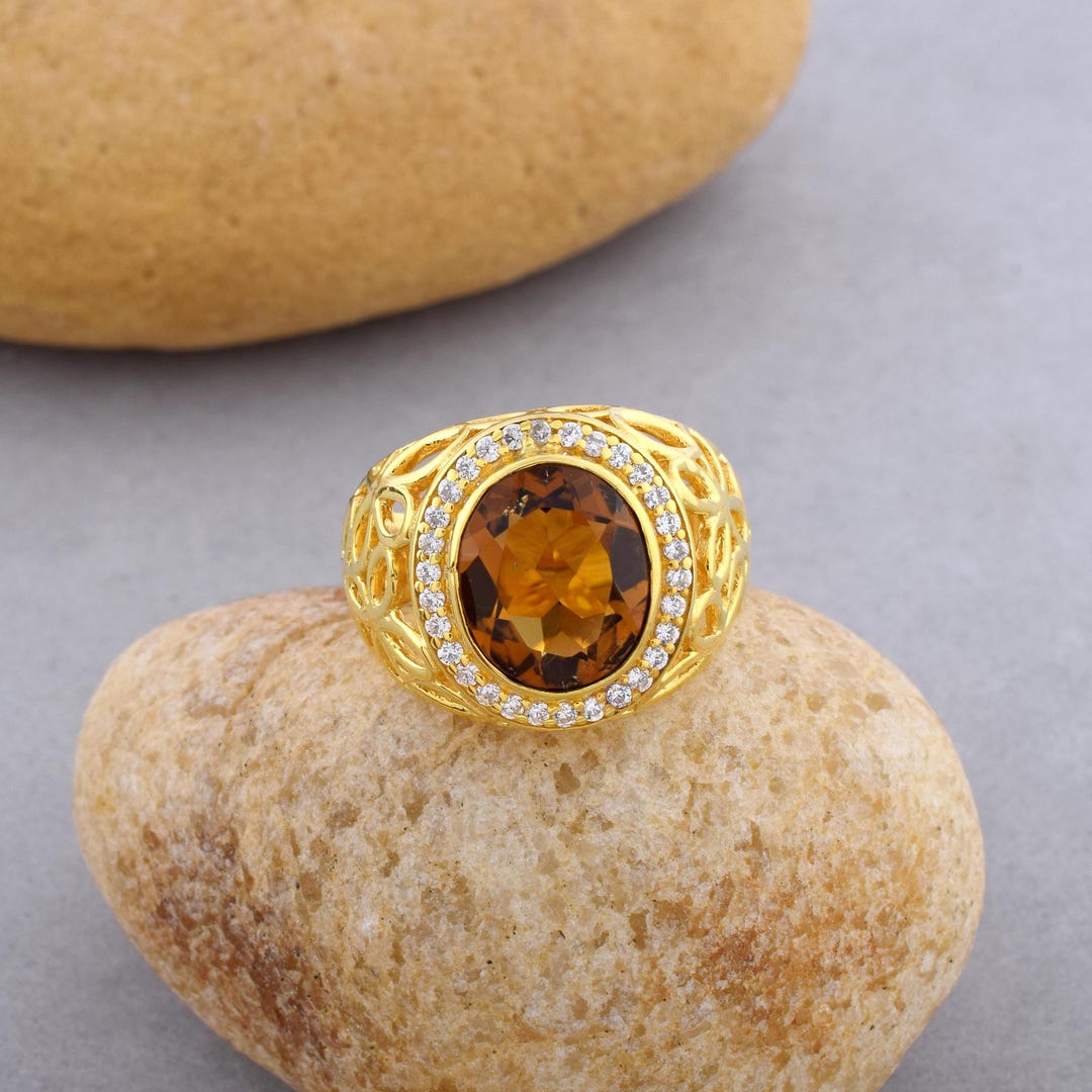 Smoky Quartz Gemstone Ring, Yellow Gold Plated 925 Sterling Silver ...