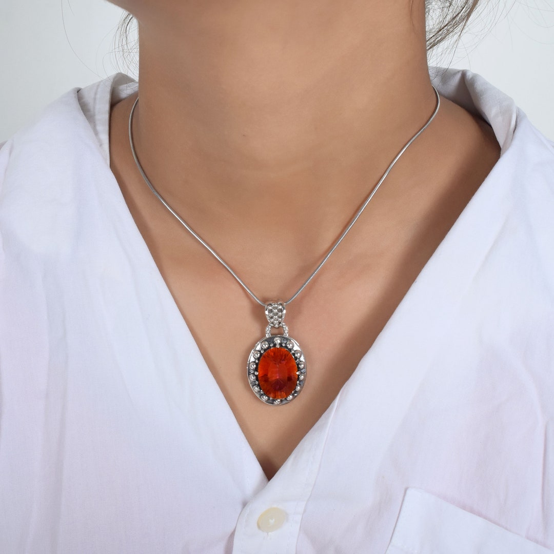 Oval Mystic Quartz Pendant, Solid 925 Sterling Silver Pendant, Orange ...