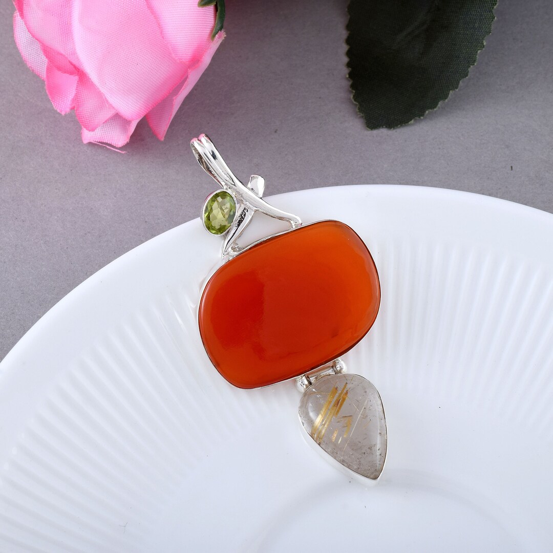 Natural Carnelian & Golden Rutile Pendant, Sterling Silver Pendant ...