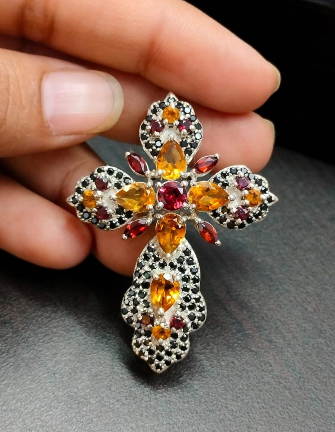 Multi Gemstone CROSS Natural Citrine Gemstone Garnet 925 Sterling ...