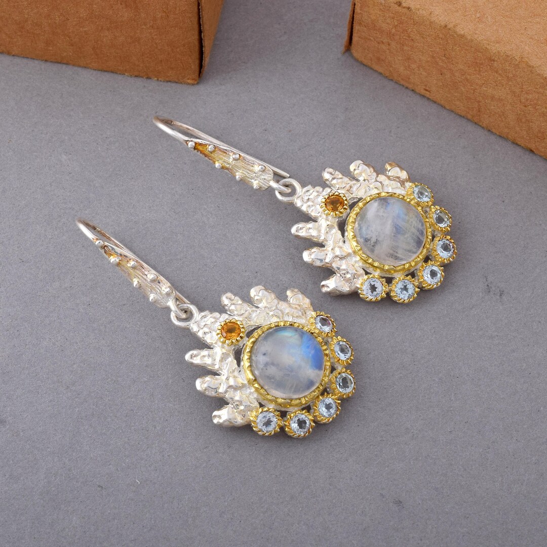 Natural Blue Fiery Rainbow Moonstone Dangle Earrings 925 Sterling ...