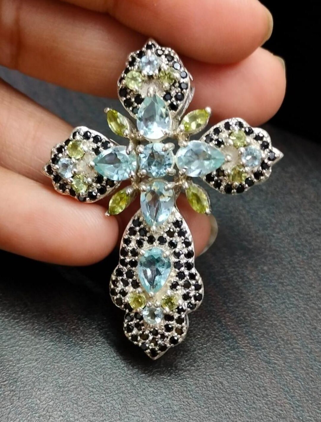 Natural Blue Topaz Multi Gemstone CROSS Pendant, 925 Sterling Silver ...