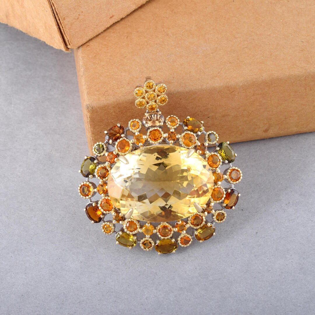 925 Sterling Silver Big Citrine Gemstone Pendant, Natural Yellow ...