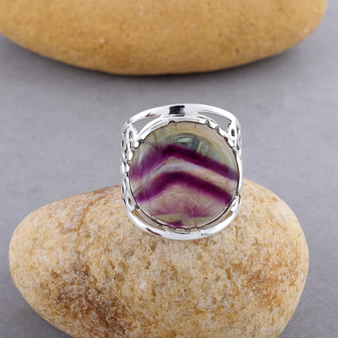 Natural Fluorite Ring 925 Sterling Silver Ring, Statement Ring, Round ...