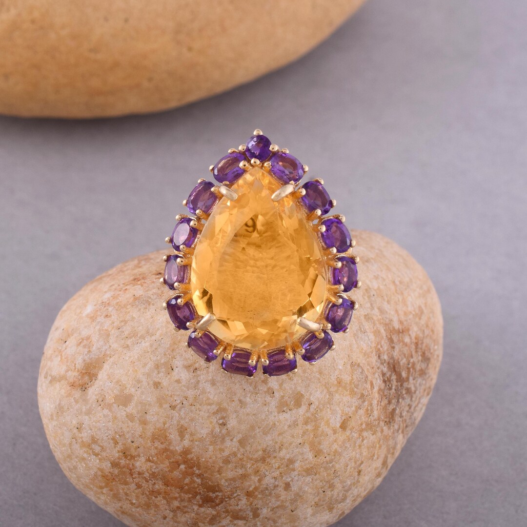 Big Natural Pear Citrine Gemstone PEAR Cocktail Ring 925 Sterling ...