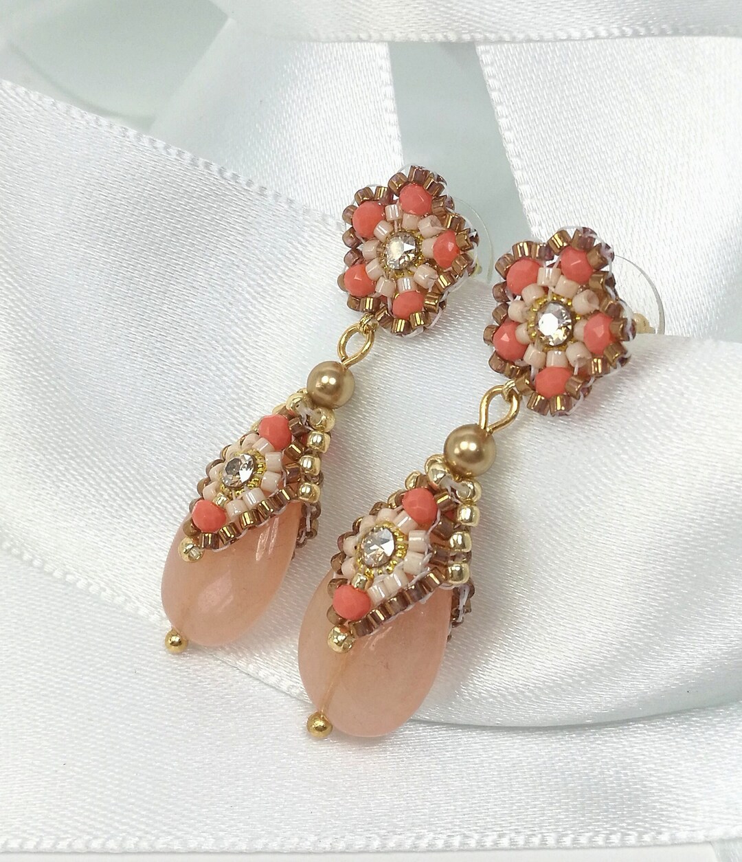 Feminine and Romantic Pink Jade Drop Earrings, Hand Woven Bead Drop ...