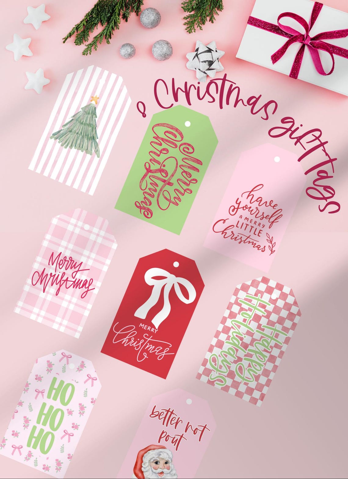 Girly Christmas Gift Tags Printable | Cute Pink Holiday Tags | Retro ...