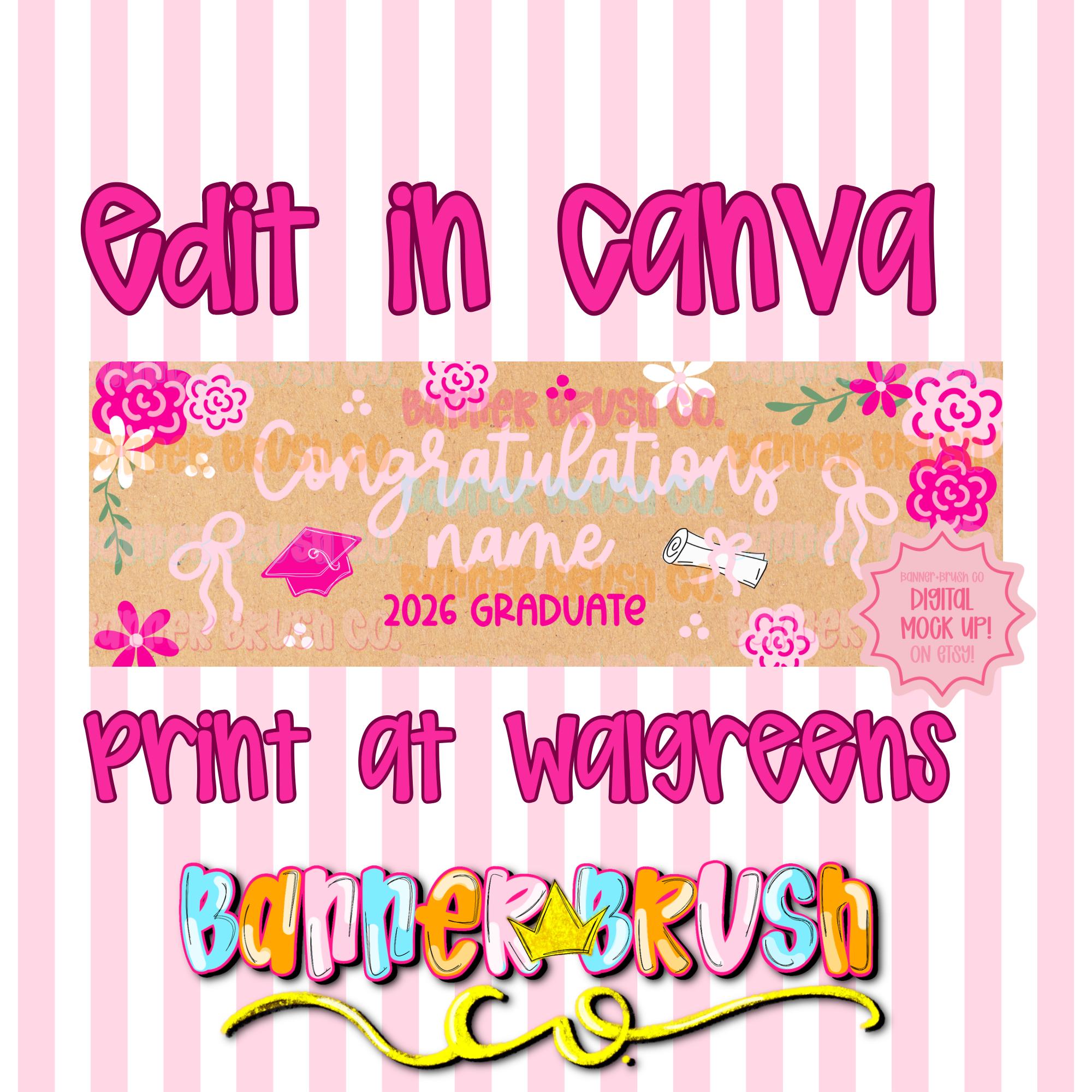 Girly Coquette Grad Banner Template | Editable Canva | 2x6 WALGREENS ...
