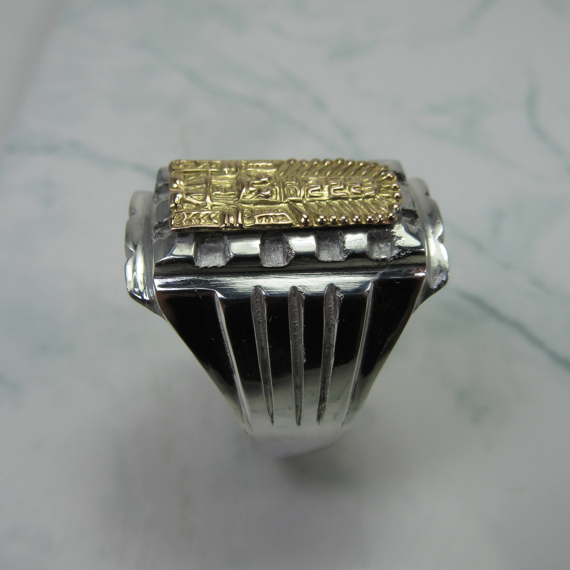 Large Silver Precolumbian Ring, 925 Silver 14K Gold Wide Ring, Ancient ...