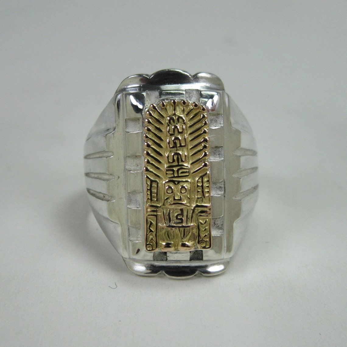 Large Silver Precolumbian Ring, 925 Silver 14K Gold Wide Ring, Ancient ...