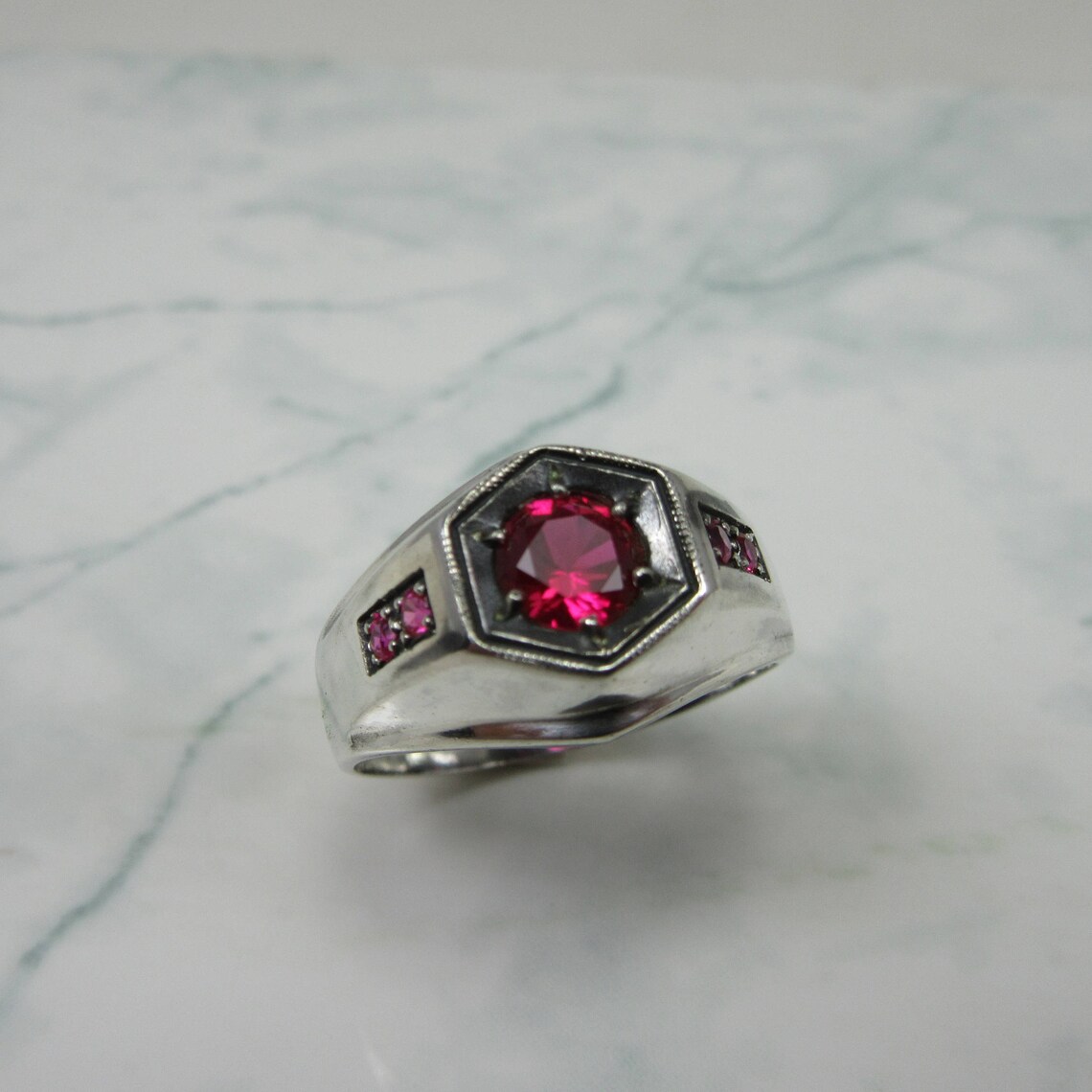 Ruby Silver Ring for Men, Hexagon Ring for Men, Silver Ring Gift for ...