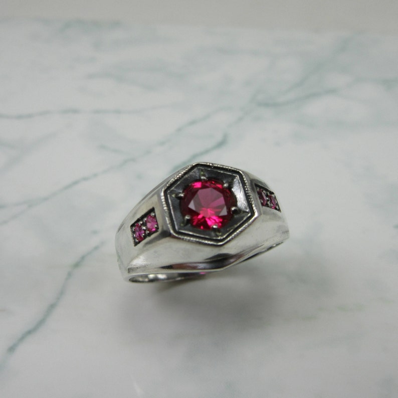 Ruby Silver Ring for Men Hexagon Ring for Men Silver Ring - Etsy