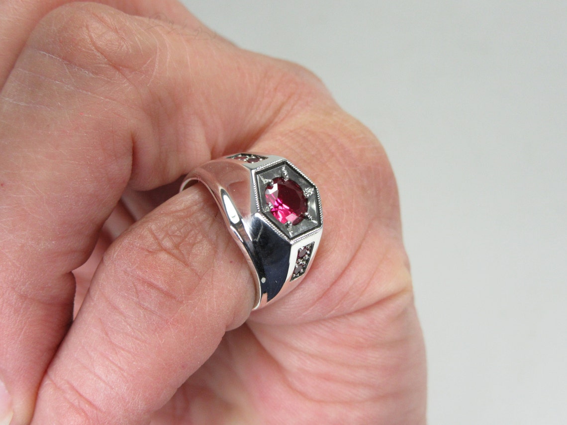 Ruby Silver Ring for Men, Hexagon Ring for Men, Silver Ring Gift for ...