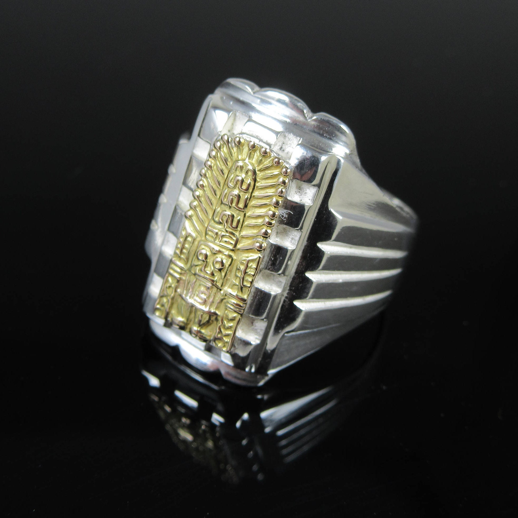Large Silver Precolumbian Ring, 925 Silver 14K Gold Wide Ring, Ancient ...