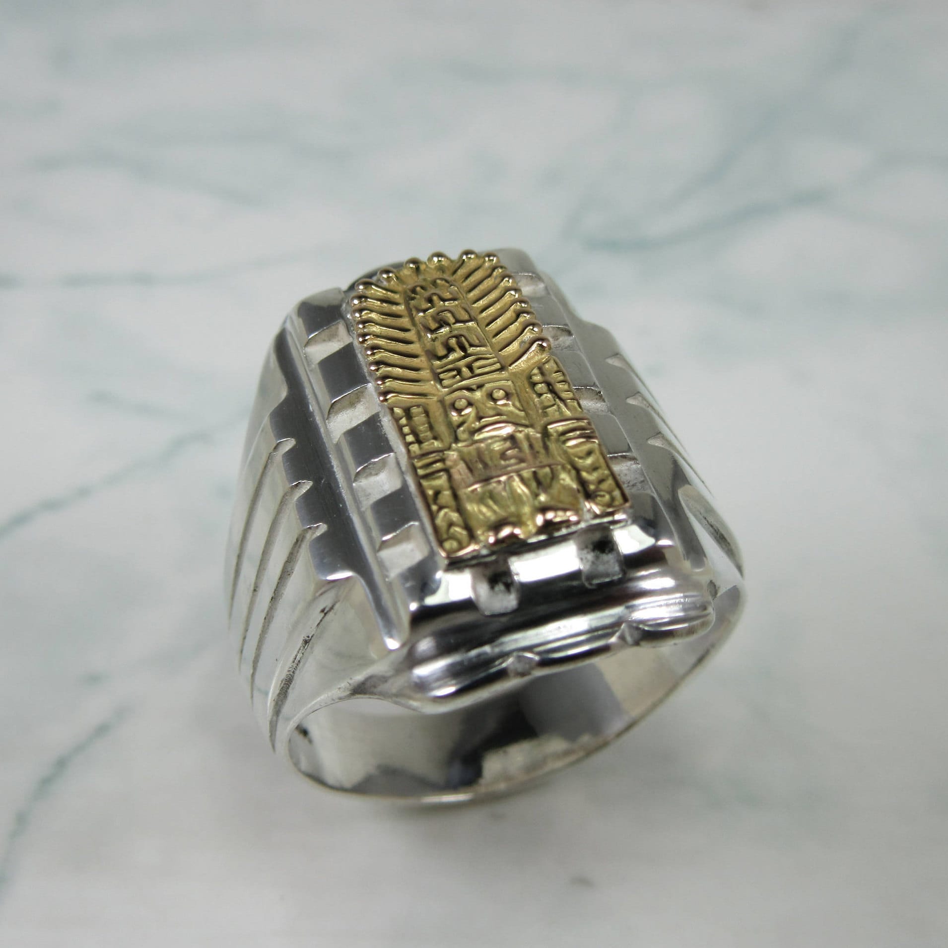 Large Silver Precolumbian Ring, 925 Silver 14K Gold Wide Ring, Ancient ...
