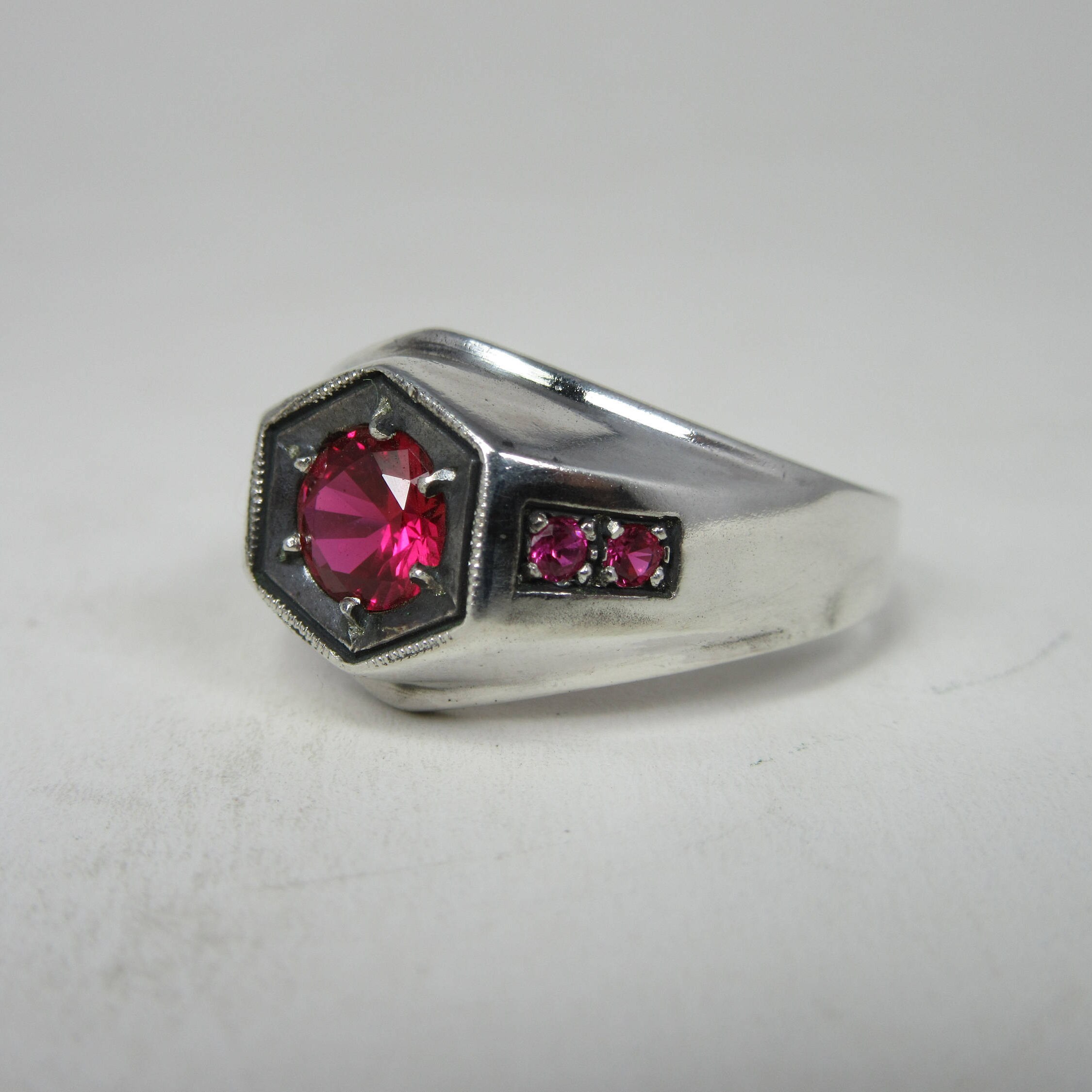 Ruby Silver Ring for Men Hexagon Ring for Men Silver Ring - Etsy