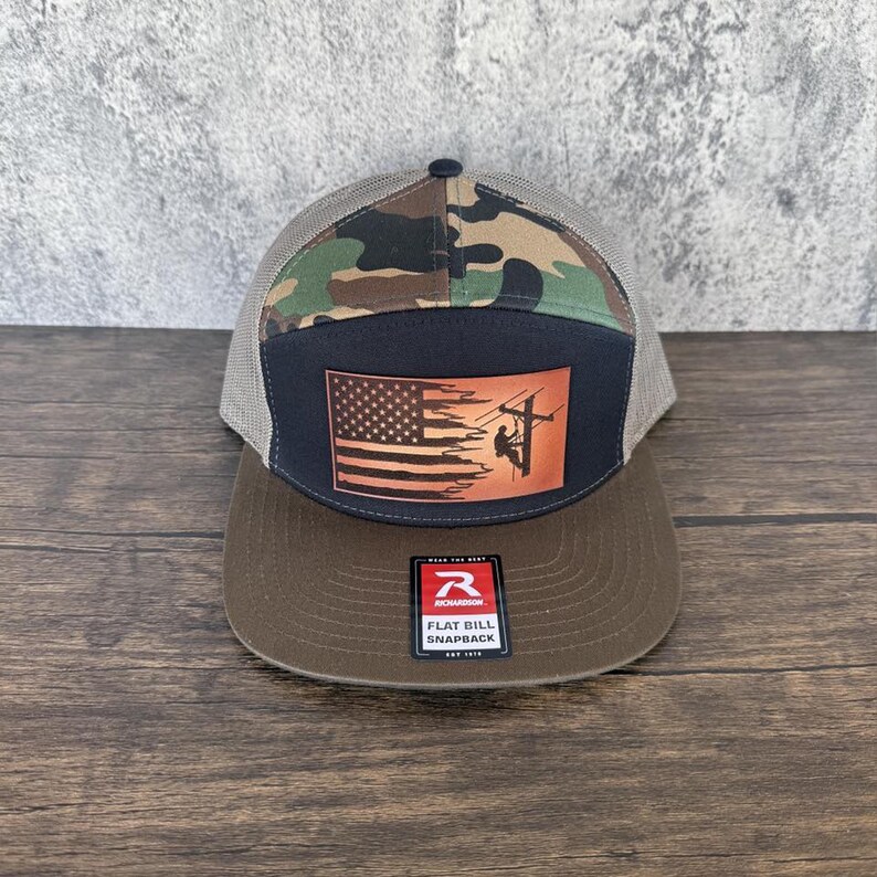 Lineman Flag Hat, Leather Patch Hat, Richardson 168 Flat Bill Snapback ...