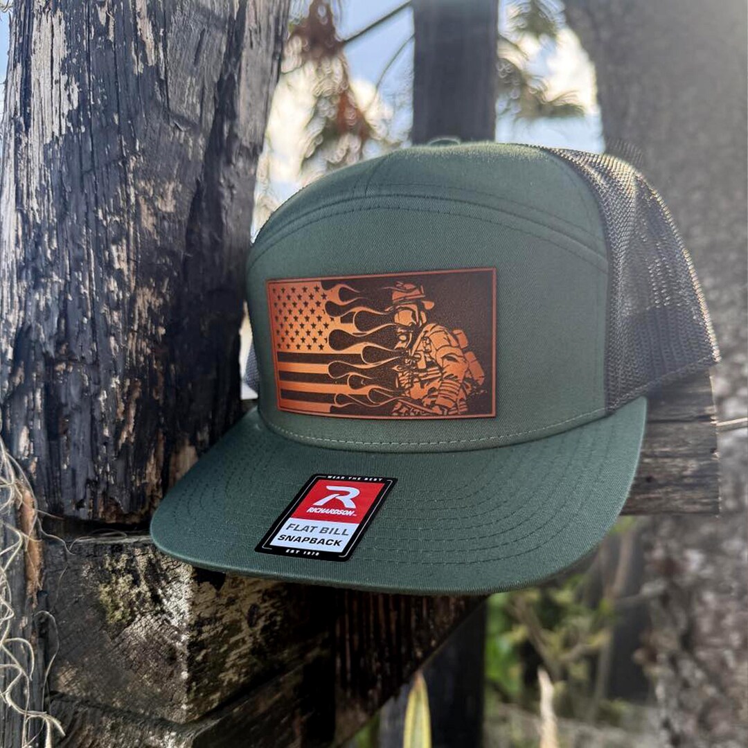 Firefighter Flag Hat, Leather Patch Hat, Richardson 168 Flat Bill Snapback, Fireman Gift ...
