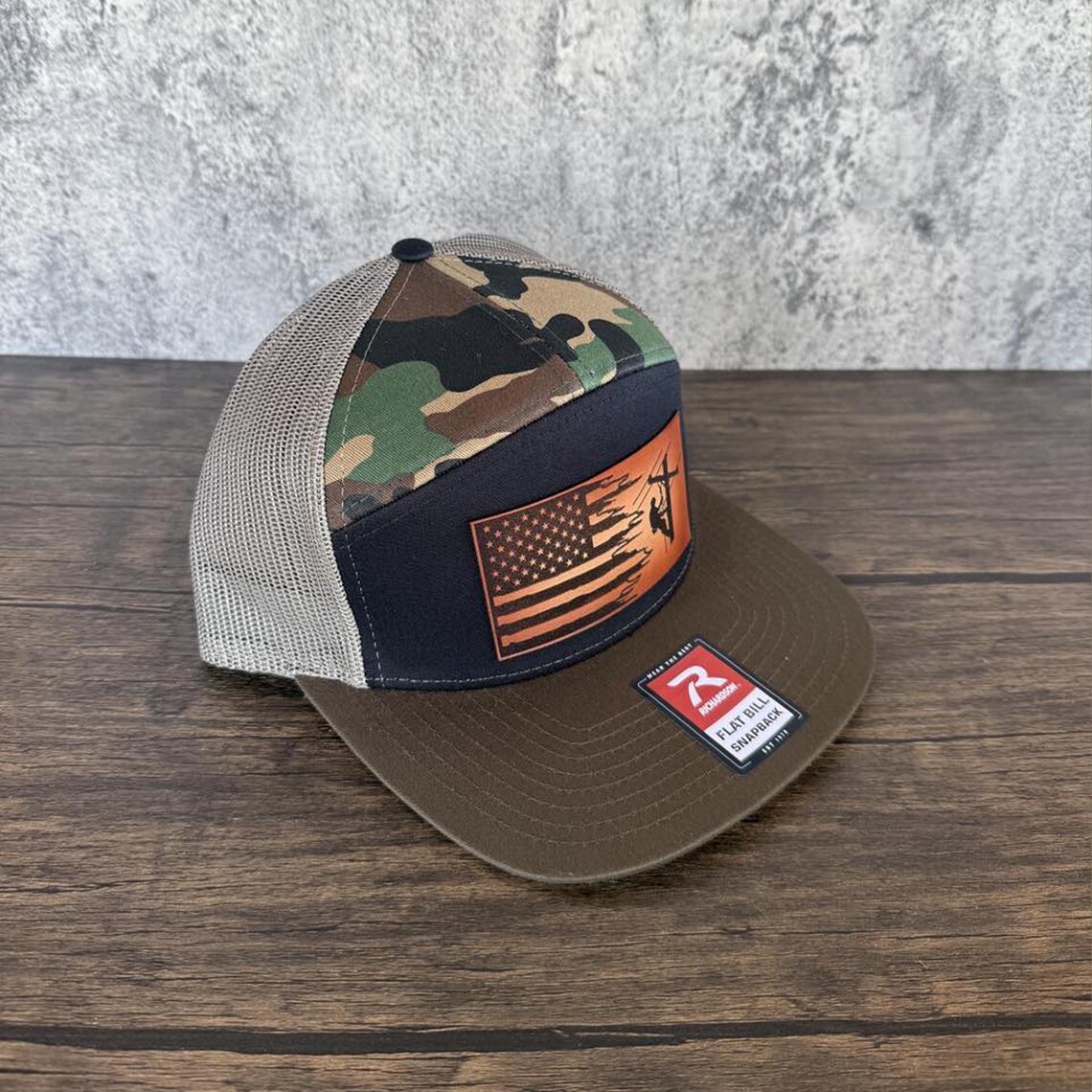 Lineman Flag Hat, Leather Patch Hat, Richardson 168 Flat Bill Snapback ...