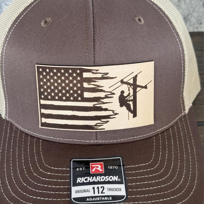 Lineman Flag Hat, Leather Patch Hat, Richardson 112 Trucker Cap ...