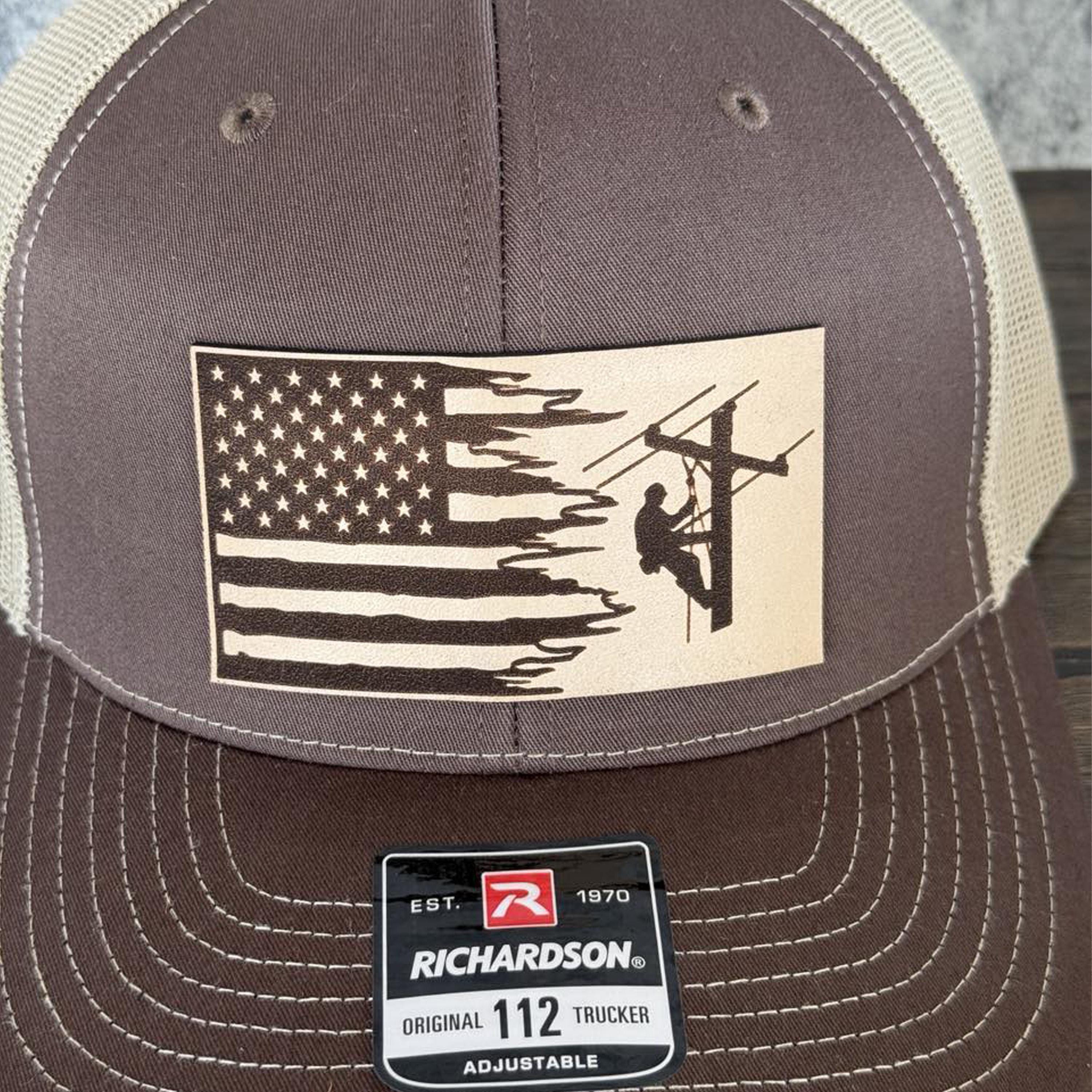Lineman Flag Hat, Leather Patch Hat, Richardson 112 Trucker Cap ...