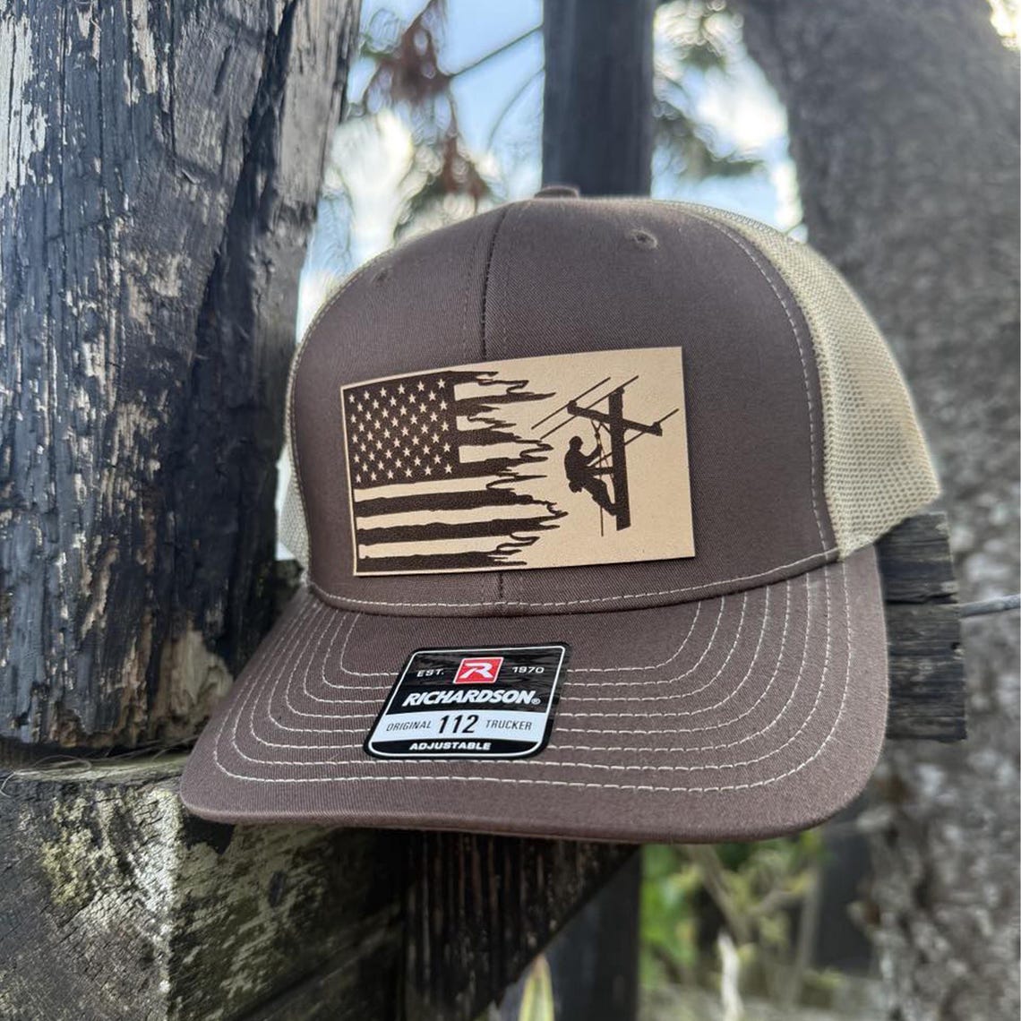 Lineman Flag Hat, Leather Patch Hat, Richardson 112 Trucker Cap ...