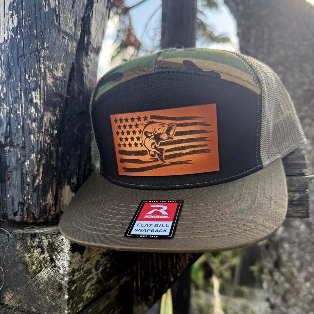 Bass Flag Hat, Leather Patch Fishing Hat, Richardson 168 Flat Bill ...