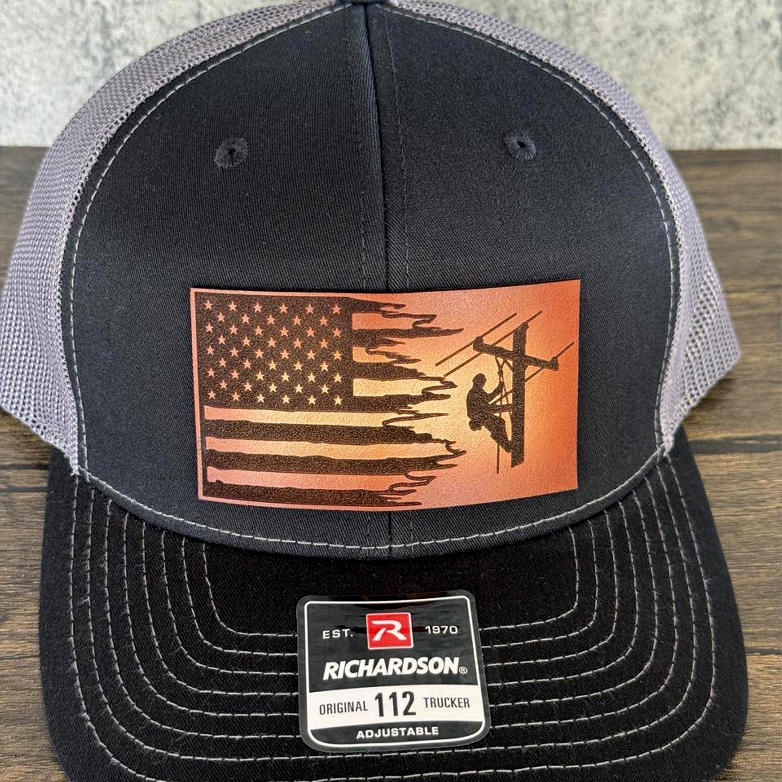 Lineman Flag Hat, Leather Patch Hat, Richardson 112 Trucker Cap ...