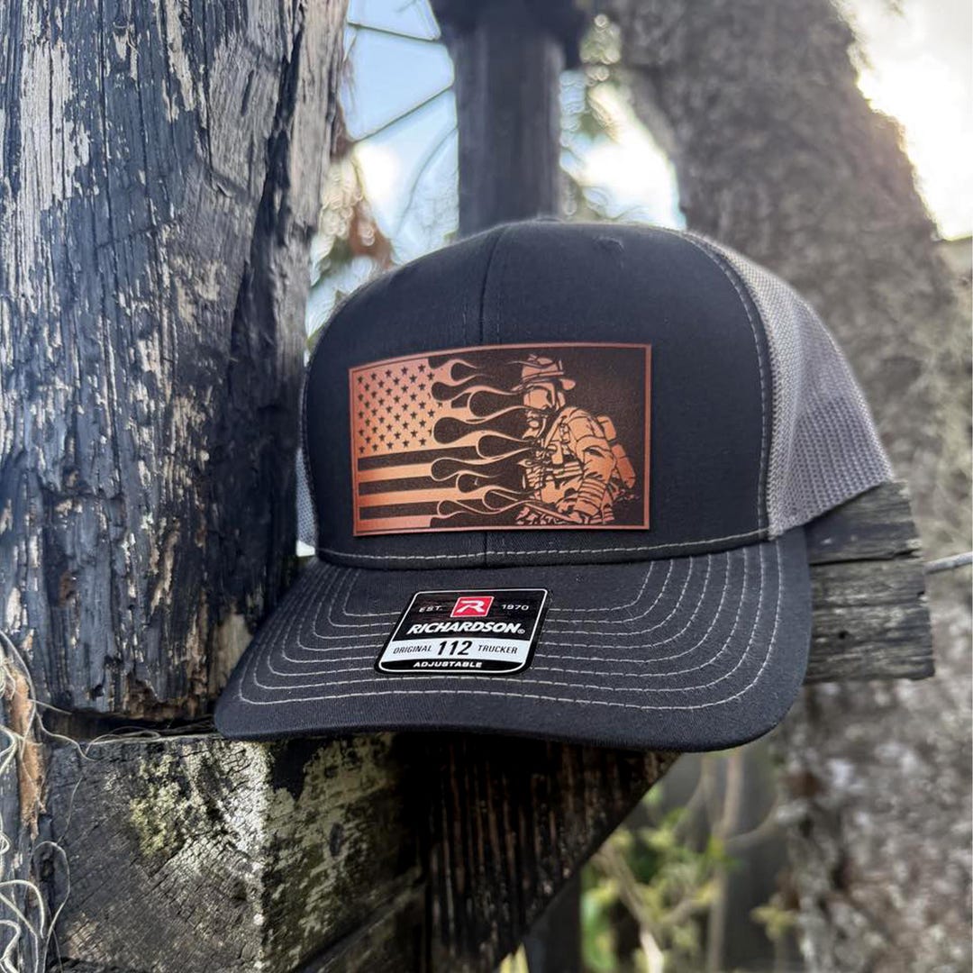 Firefighter Flag Hat, Leather Patch Hat, Richardson 112 Trucker Cap, Fireman Gift, Patriotic Hat ...