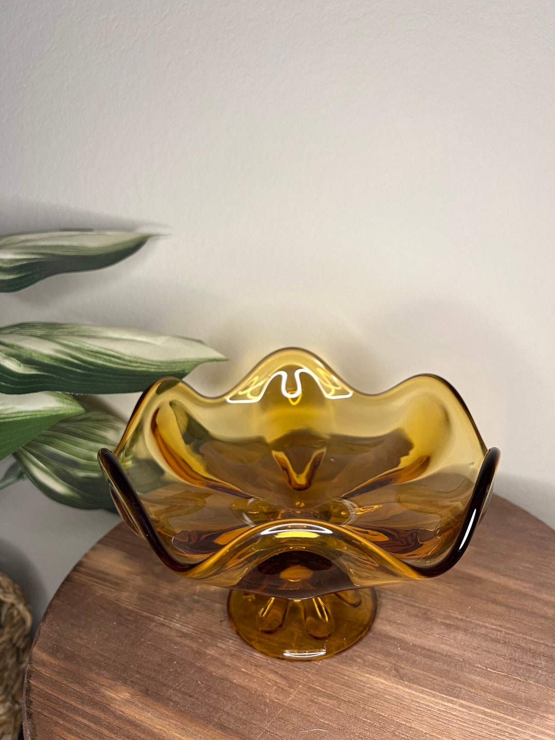 Vintage MCM Viking Glass 4.5 Epic 6 Petal Amber Pedestal Compote - Etsy