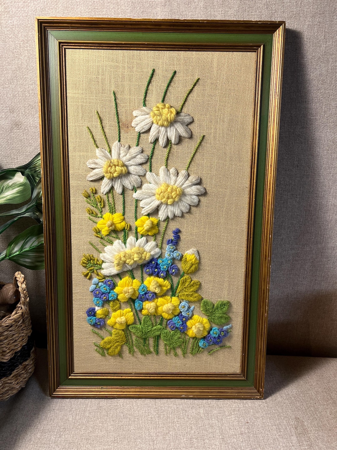 Vtg Framed Daisy Crewel Embroidery Needlepoint Flower Power MCM - Etsy