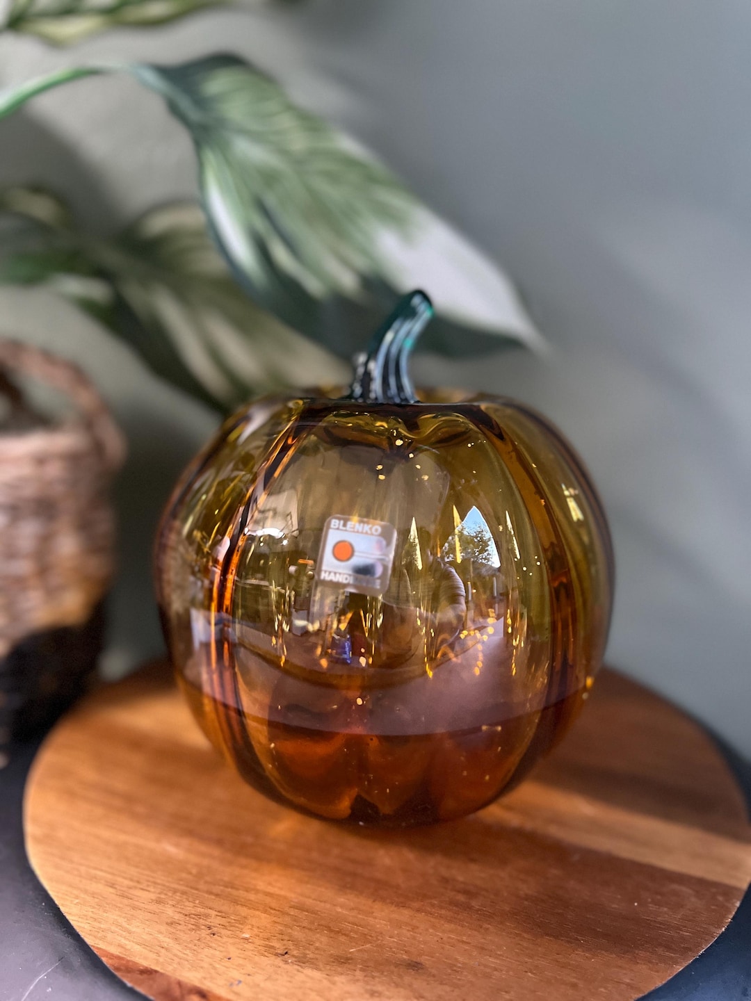 Blenko Hand Blown Glass Pumpkin Optic Amber With Green Stem 6.5 Inches ...