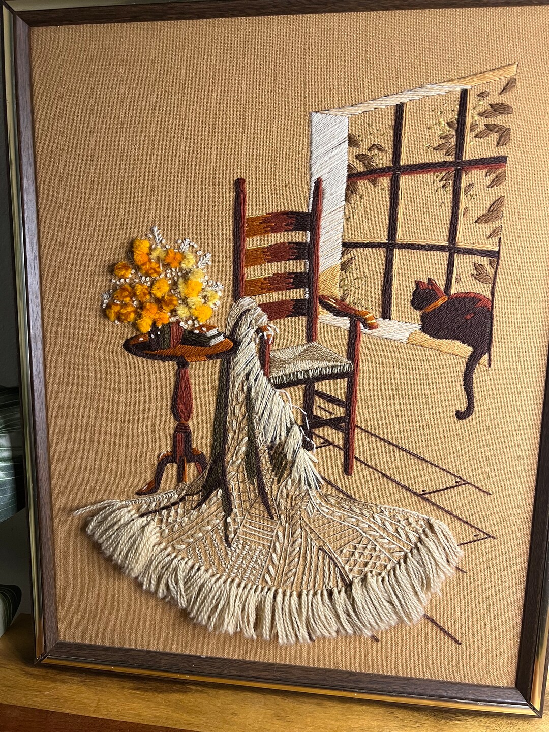 Crewel Yarn Wall Art Cat in Window 3D Afghan Door 15x18 - Etsy