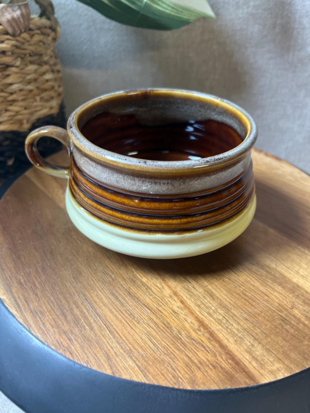Hand Thrown Coil Artist Pottery Soup Bowl Coffee Mug Yellow Brown Tan ...
